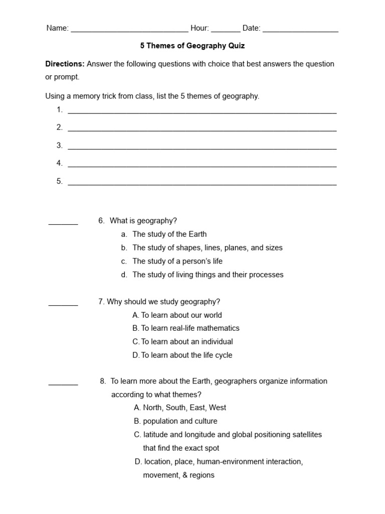 5 Themes of Grography Quiz | PDF | Geography | Earth Sciences
