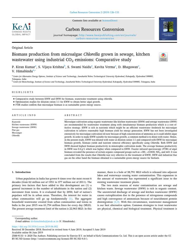 Biomass Production From Microalgae Chlorella Grown in Sewage, Kitchen ...