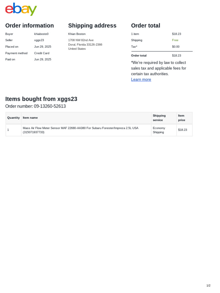 MAF Sensor Invoice | PDF