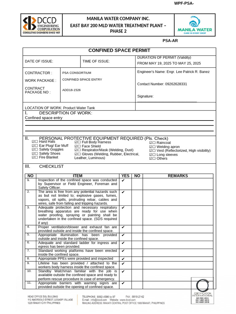 (CMO-F-041) Work Permit - Confined Space - 4 | PDF | Occupational Safety And Health | Safety