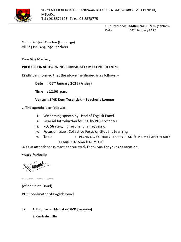 Calling Letter 2025 PLC | PDF | Pedagogy | Behavior Modification