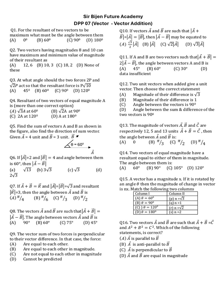 Dpp 7 Vector Vector Addition Pdf Angle Cartesian Coordinate