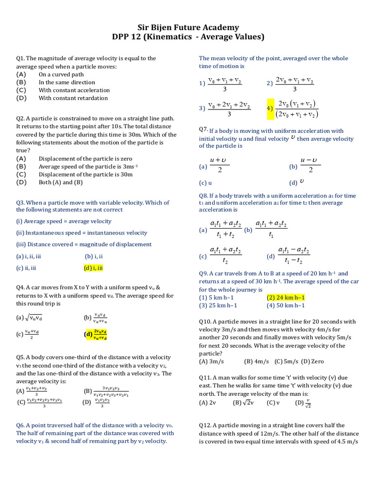 DPP 12 - Kinematics (Average Values) | PDF | Speed | Acceleration