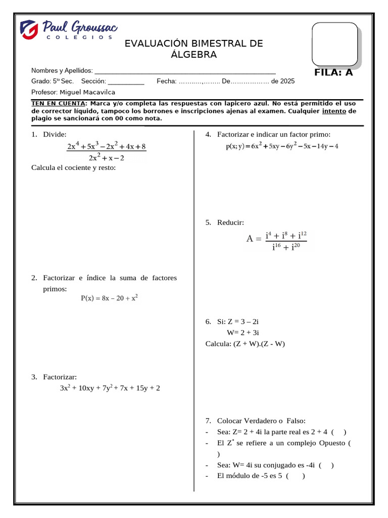 Algebra (5to) Bimestral Iib | PDF