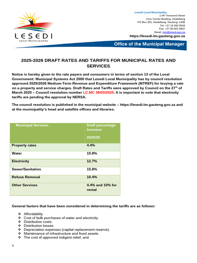 Lesedi Municipality 2025/26 Tariffs Draft | PDF | Economies