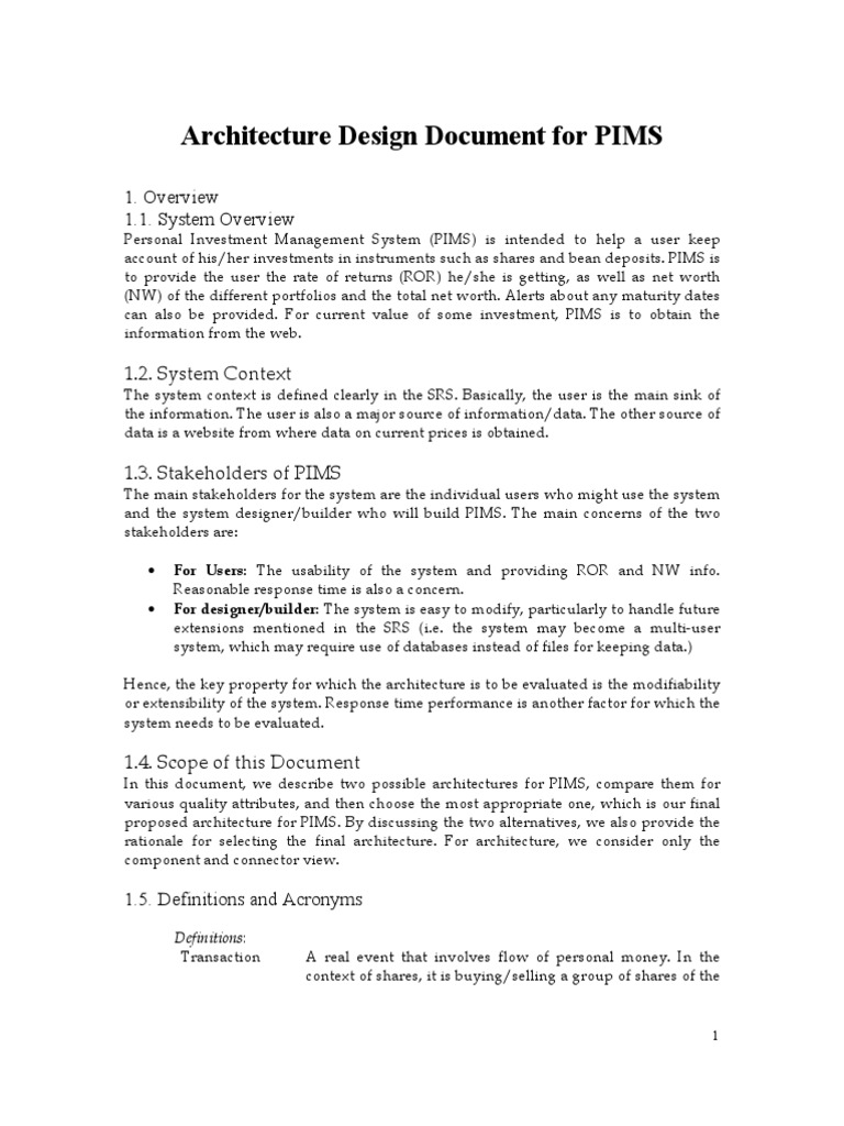 Architecture Design Document For PIMS: 1. Overview 1.1. System Overview ...