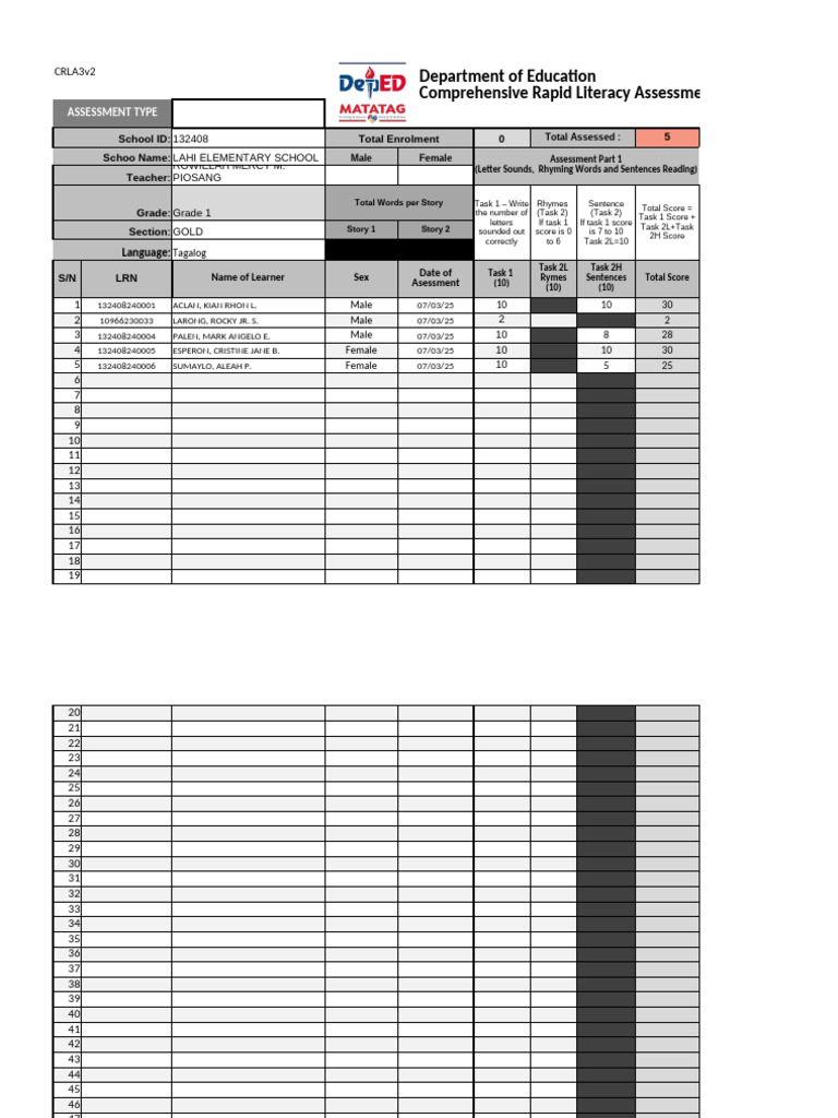 CRLA3 Grade1Scoresheet v2.Xlsx FINAL | PDF | Reading Comprehension ...