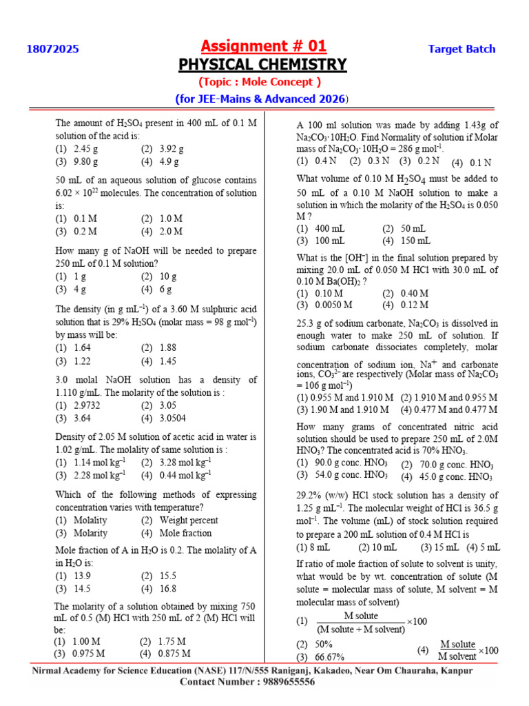 Assignment 01 Mole Concept | PDF | Molar Concentration | Analytical Chemistry