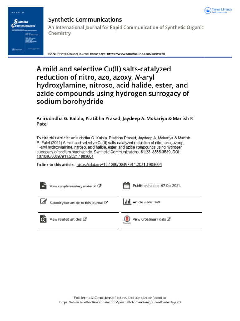 A Mild and Selective Cu (II) Salts-Catalyzed Reduction of Nitro, Azo ...