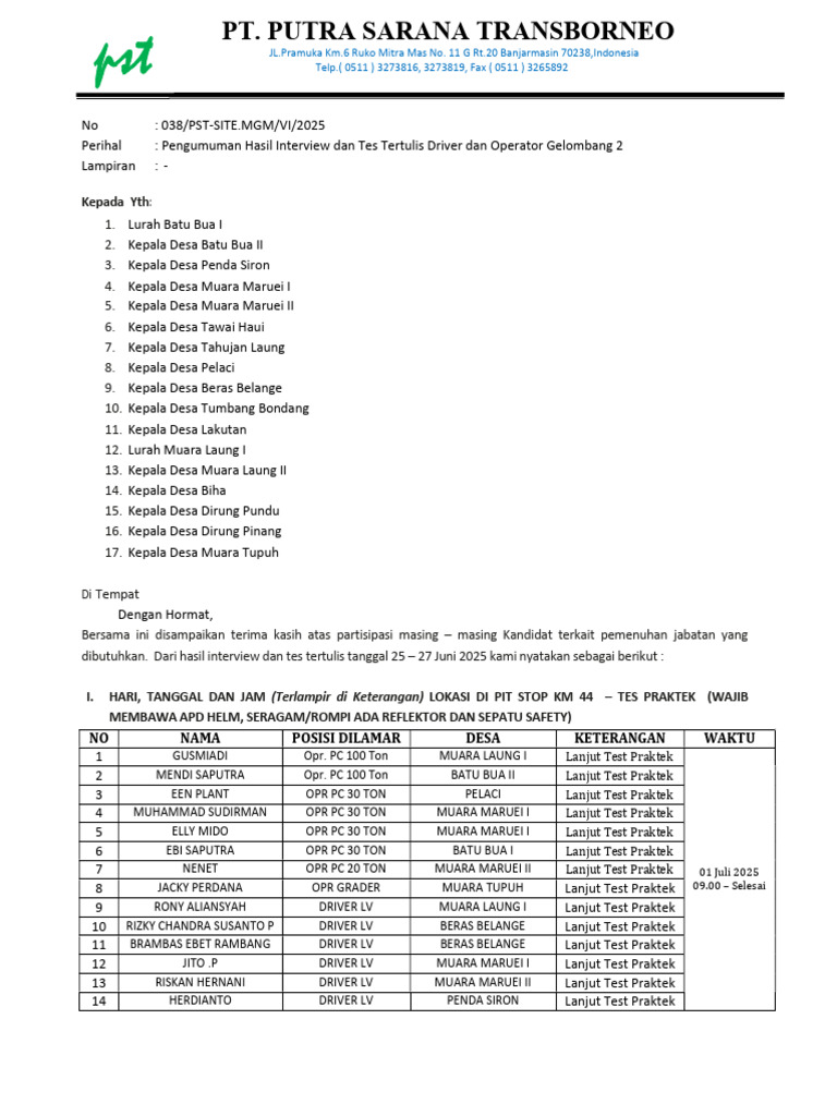 Surat Pemberitahuan Hasil Interview Dan Tertulis Driver & Operator ...