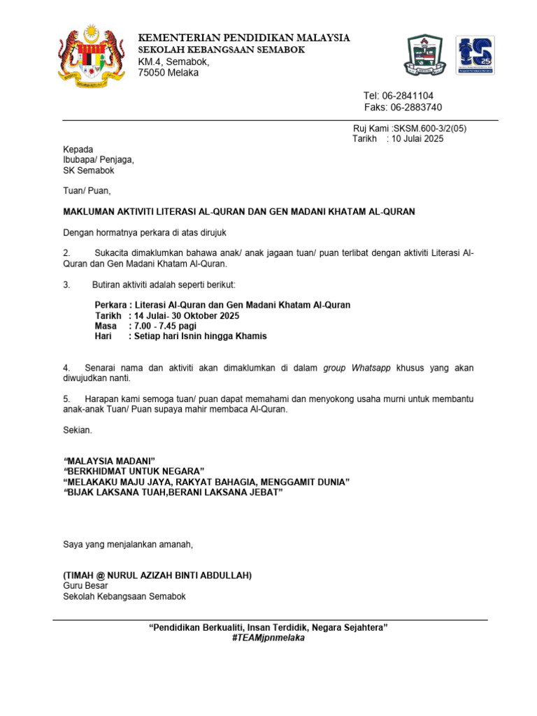 Surat Makluman KLQ 2025docx | PDF