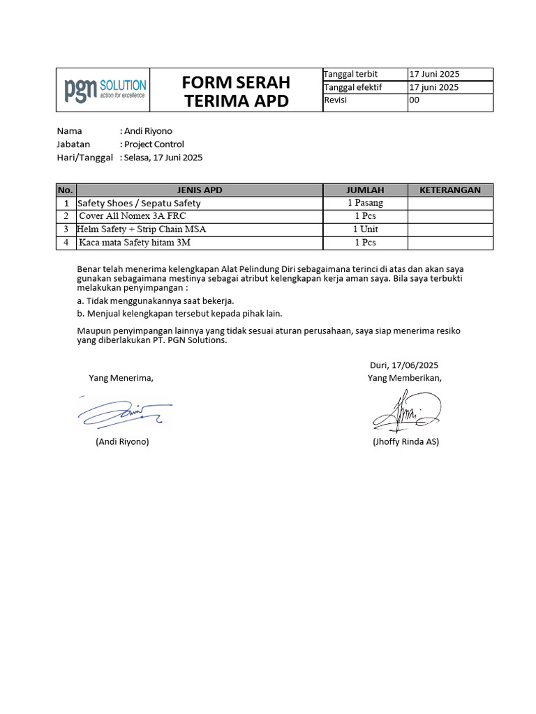 Form Serah Terima APD Andi Riyono Signed | PDF