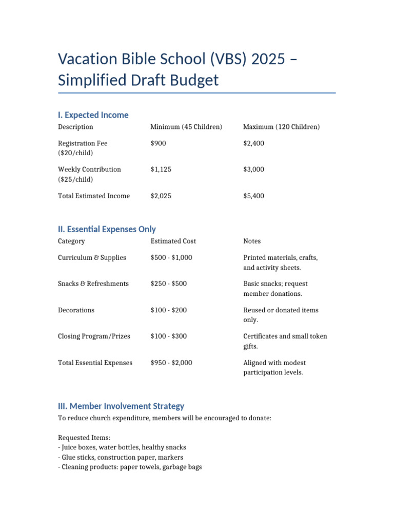 VBS 2025 Budget Overview | PDF