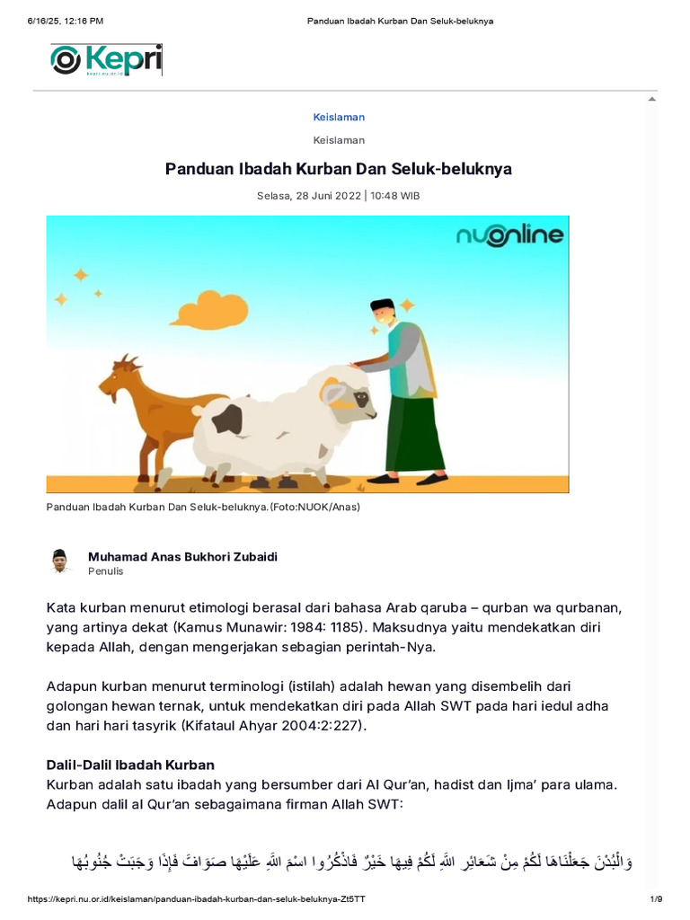 Panduan Ibadah Kurban Oleh Ahmad Mujib Zain S.sos Ketua Lembaga Dakwah PWNU Kepri | PDF
