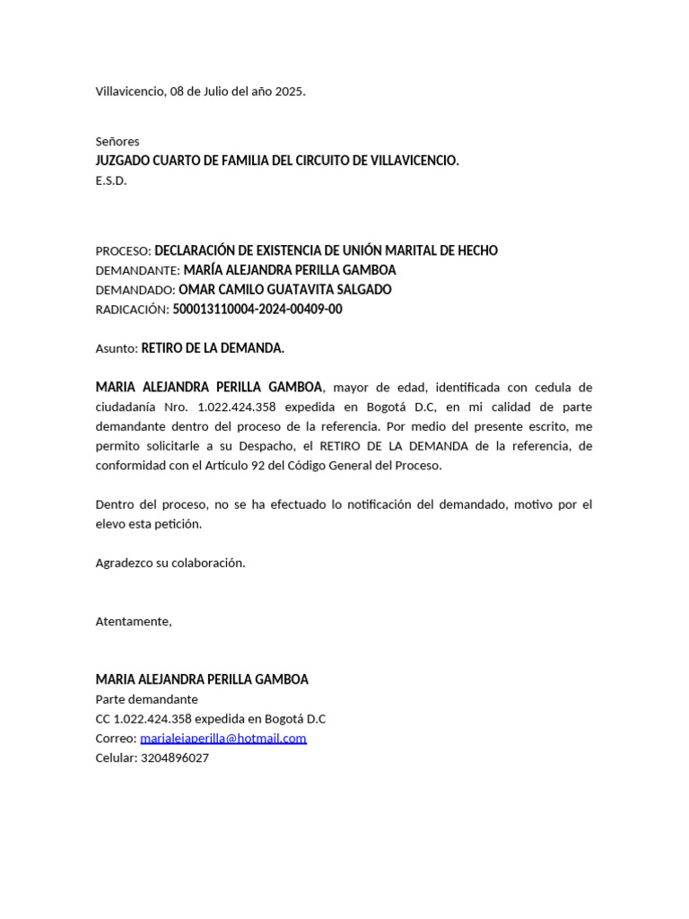 Solicitud Retiro de Demanda | PDF