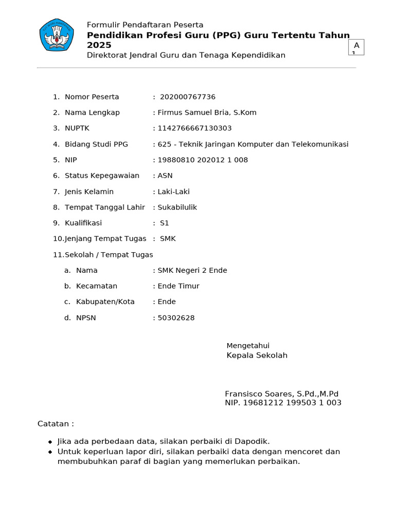 Pendaftaran PPG 2025: Data Peserta ASN | PDF