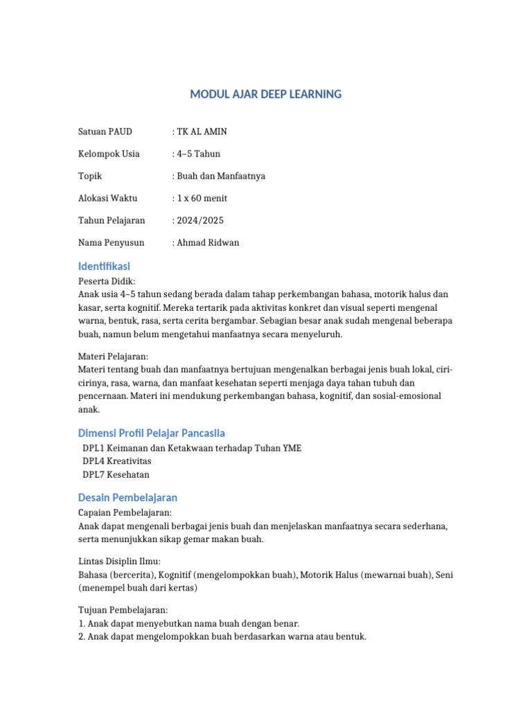 Modul Ajar PAUD Buah Dan Manfaatnya | PDF