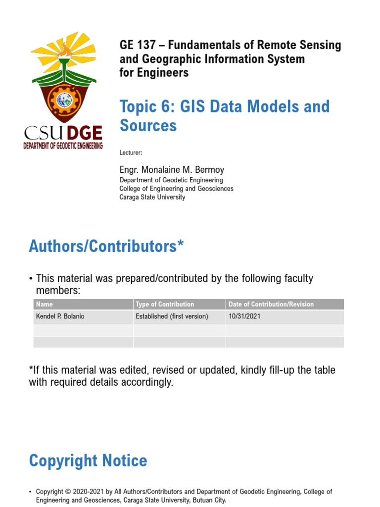 Lecture 6 - Spatial Data Models and Sourcesv2 | PDF | Geographic Information System | Geographic ...