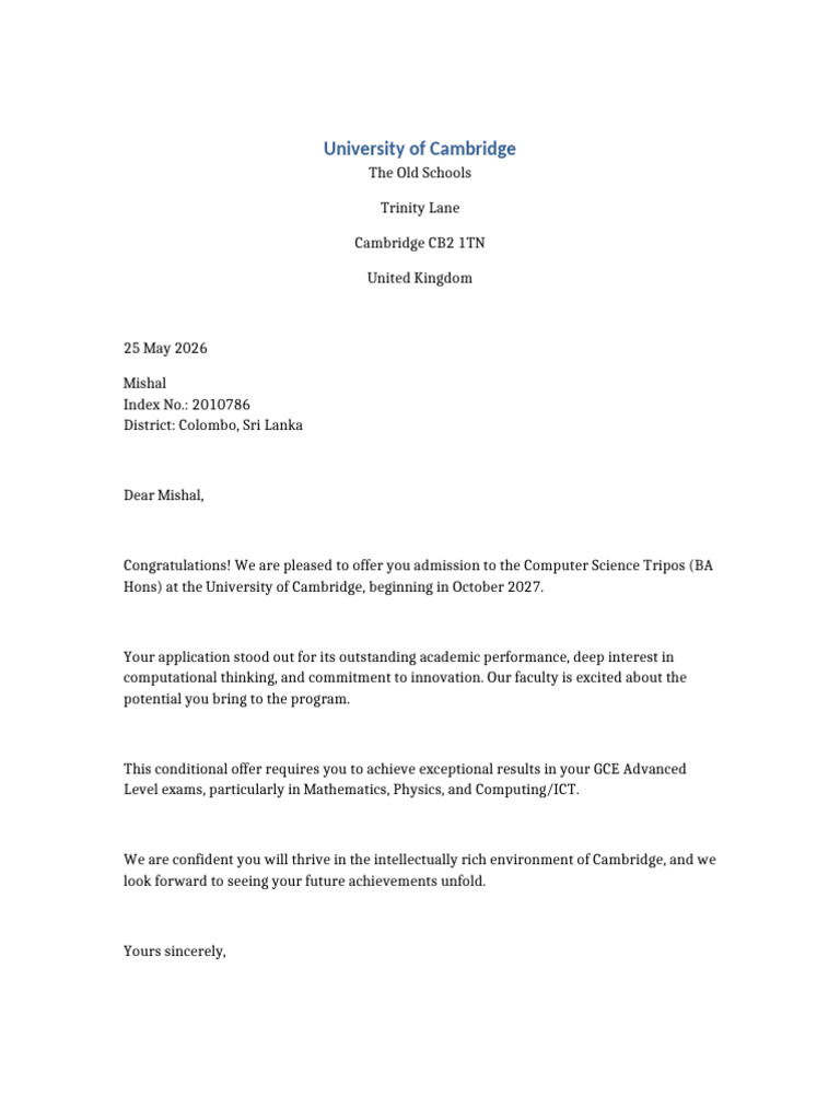 Cambridge Computer Science Offer Letter | PDF