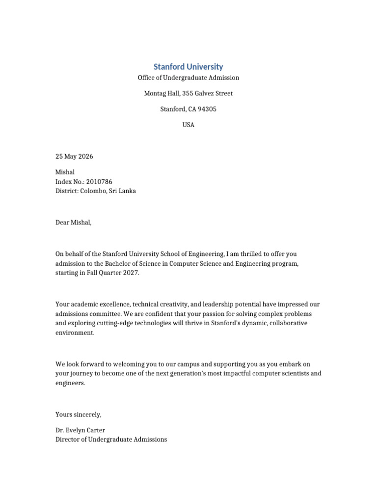 Stanford Acceptance Letter | PDF
