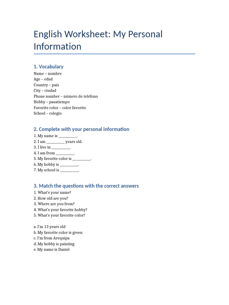 My Personal Information Worksheet | PDF