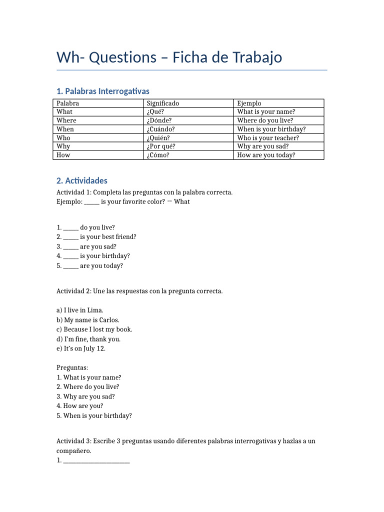 WH Questions Ficha Secundaria | PDF