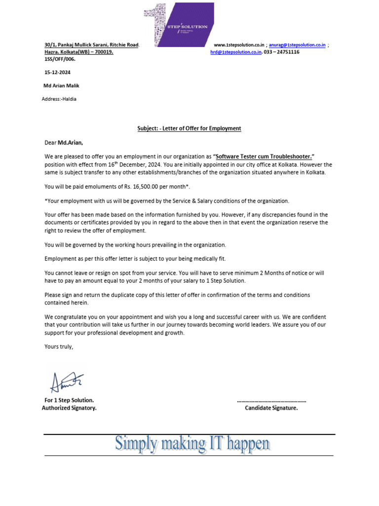 Employment Offer Letter for Software Tester | PDF