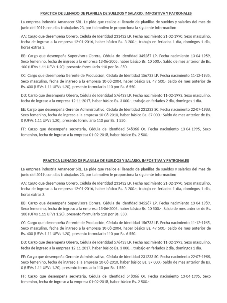 PRACTICA DE LLENADO DE PLANILLA DE SUELDOS Y SALARIO | PDF