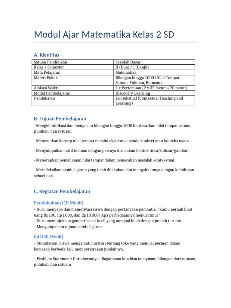 Modul Ajar Matematika Kelas2 DiscoveryLearning | PDF