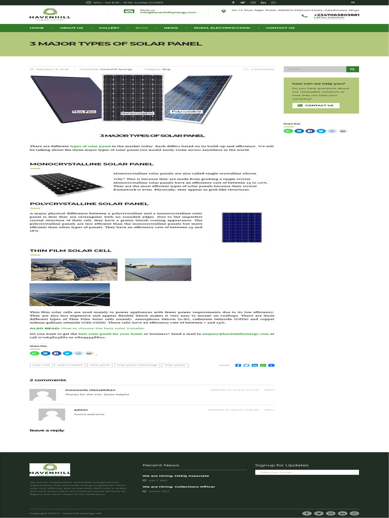 3 Major Types of Solar Panel - Havenhil Synergy Limited | PDF ...