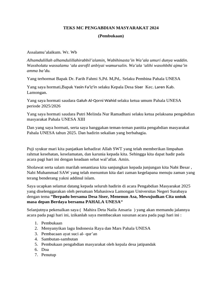 Teks MC Pengmas Pembukaan | PDF