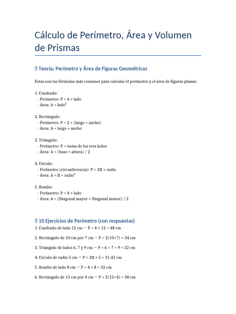 Teoria y Ejercicios Perimetro Area Prisma | PDF | Triángulo | Geometría Elemental