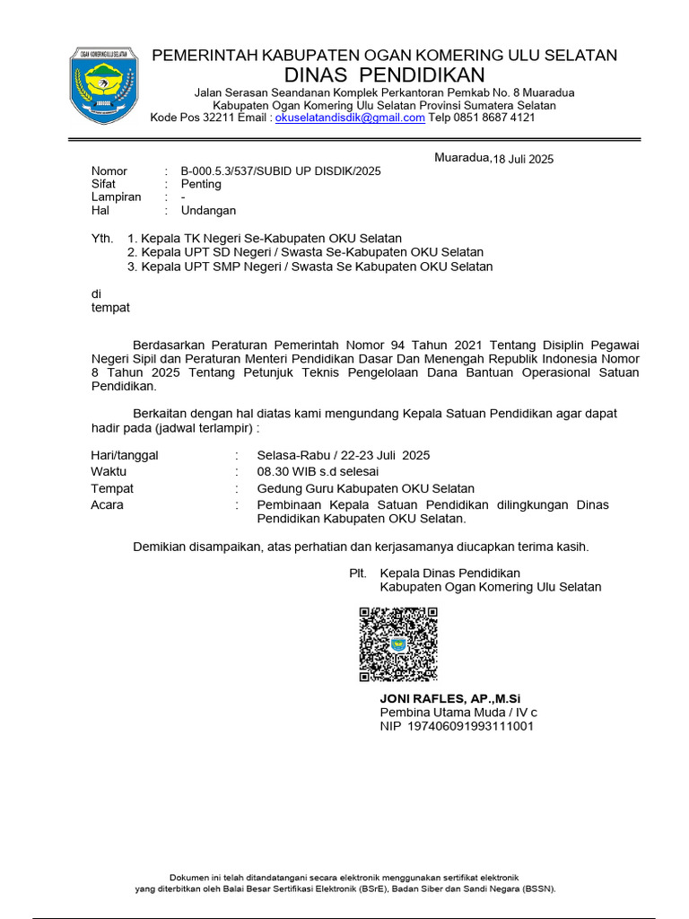 Undangan Pembinaan Kepsek Se Kab-Okus Juli 2025 | PDF