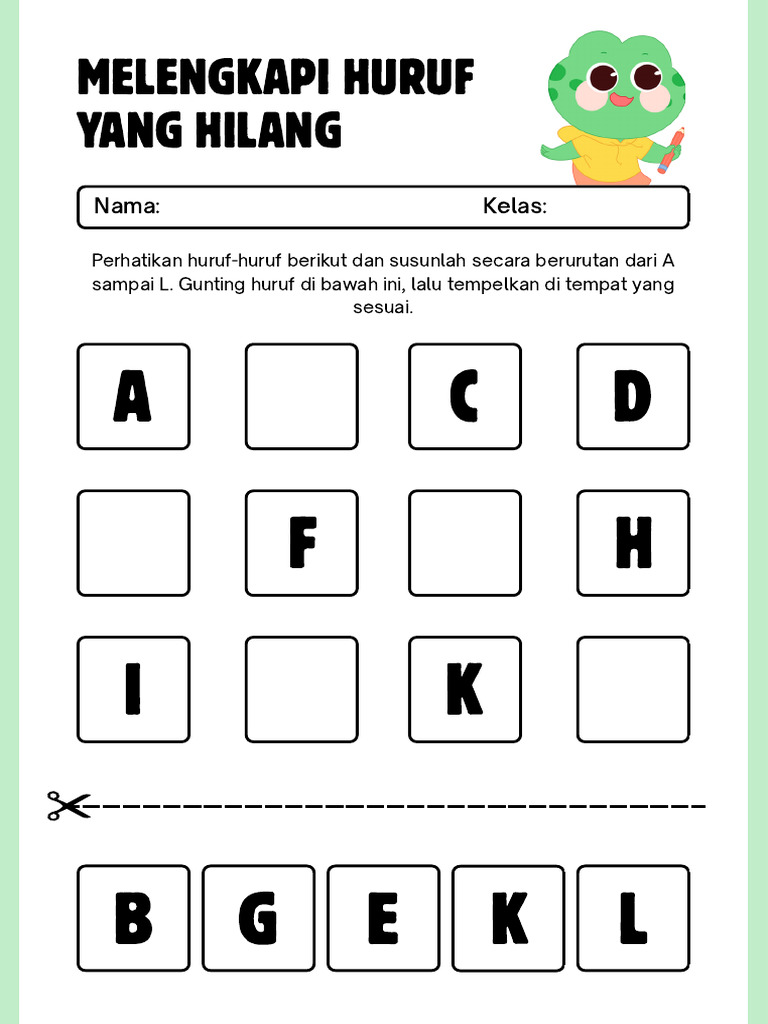 Aktivitas Gunting Dan Tempel Melengkapi Huruf Lembar Kerja Hijau Ilustratif | PDF