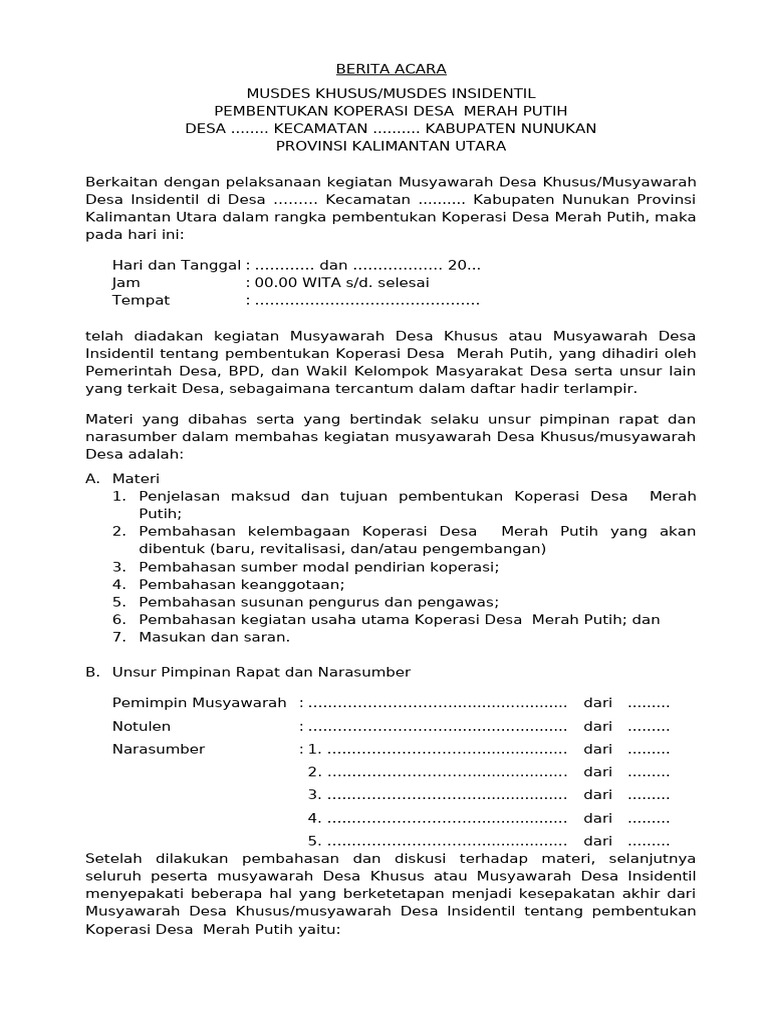 Berita Acara & Daftar Hadir Musdes Khusus Pendirian Kopdes Merah Putih | PDF