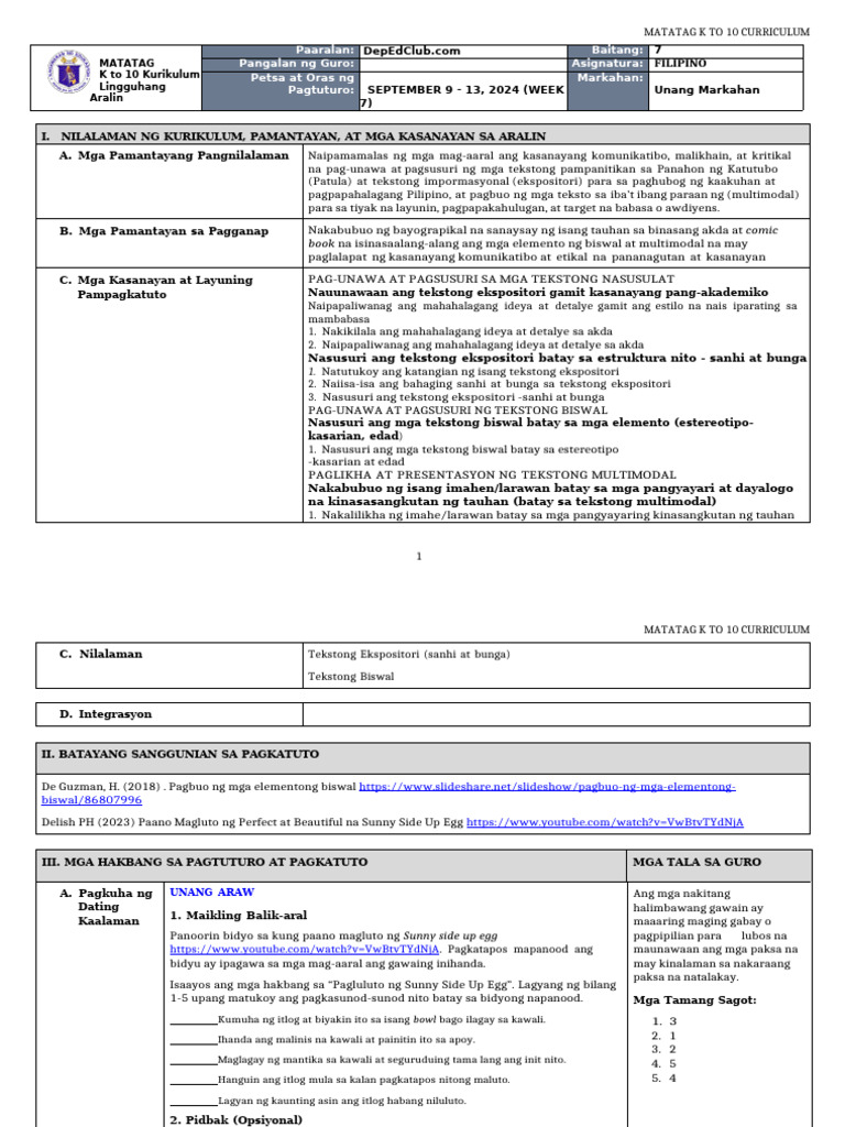 DLL Matatag - Filipino 7 q1 w7 | PDF
