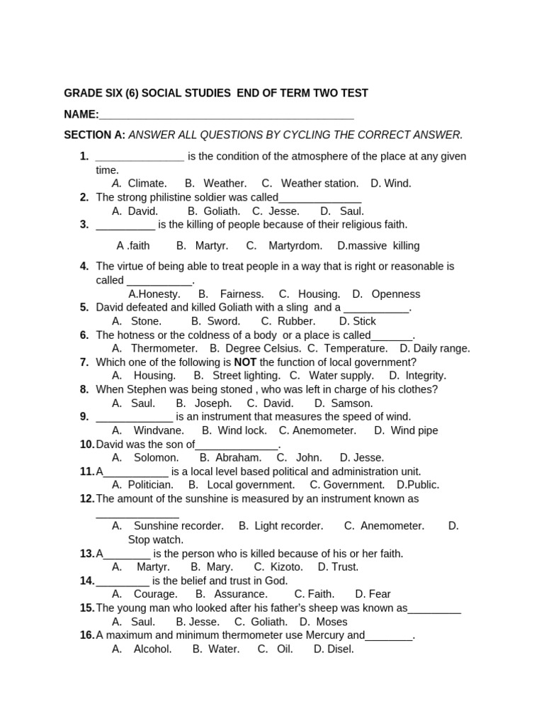 Grade 6 Social Studies Term 2 Test | PDF | David | Earth Sciences