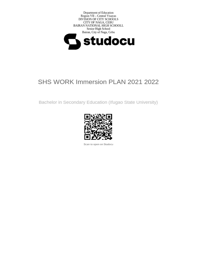 BAIRAN Shs Work Immersion Plan 2024 2025 | PDF | Cognition | Science