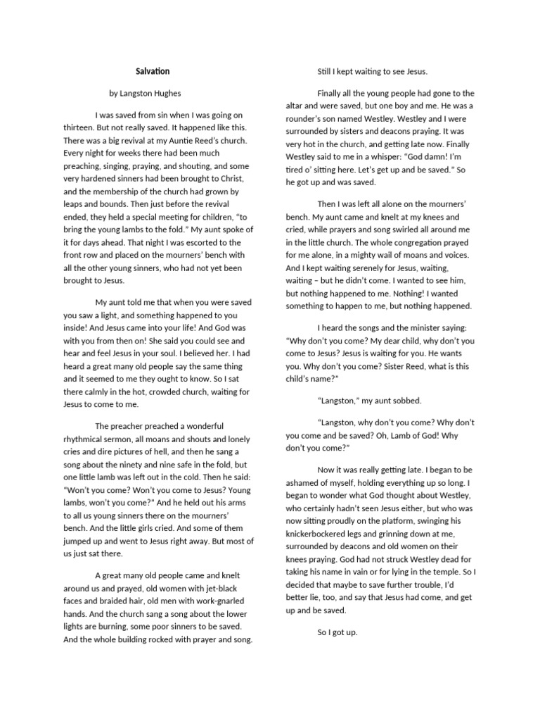SALVATION by Langston Hughes | PDF | Jesus | Religious Belief And Doctrine