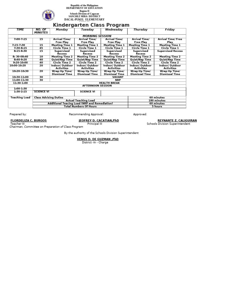 Kindergarten Class Program Schedule | PDF | Schools