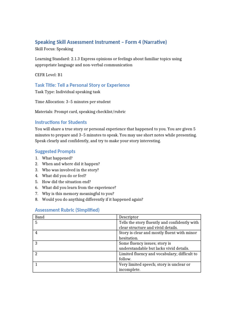 Speaking Skill Instrument Form4 Narrative | PDF