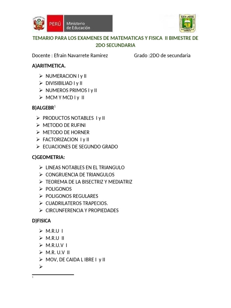 Temario Matemáticas 2° Secundaria | PDF