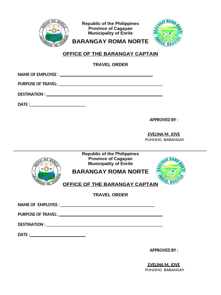 Travel Order for Barangay Roma Norte | PDF
