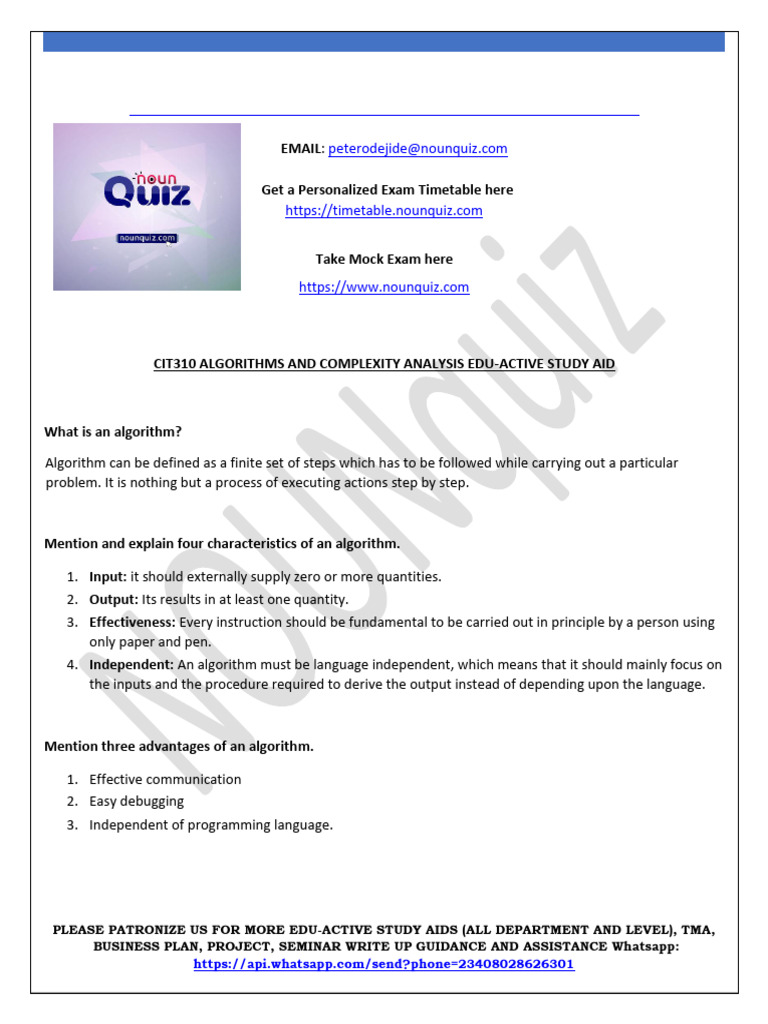 Cit310 Algorithms and Complexity Analysis Edu-Active Study Aid 08028626301 Updated | PDF ...