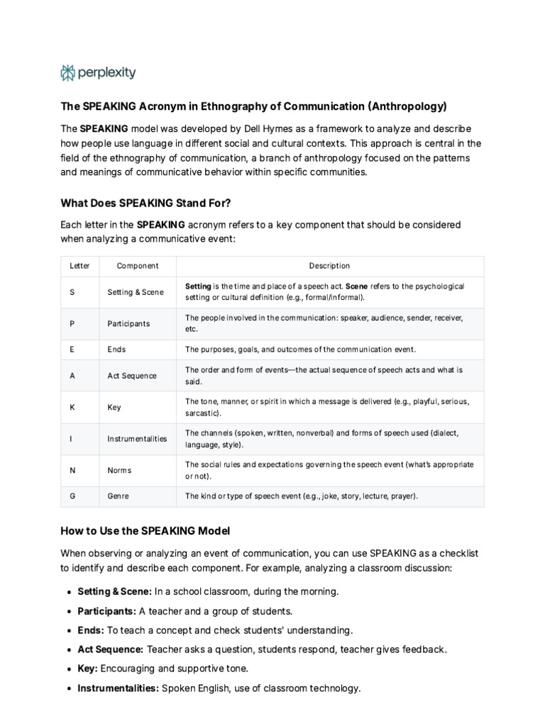 Dell Hymes' SPEAKING Model Explained | PDF | Communication | Ethnography