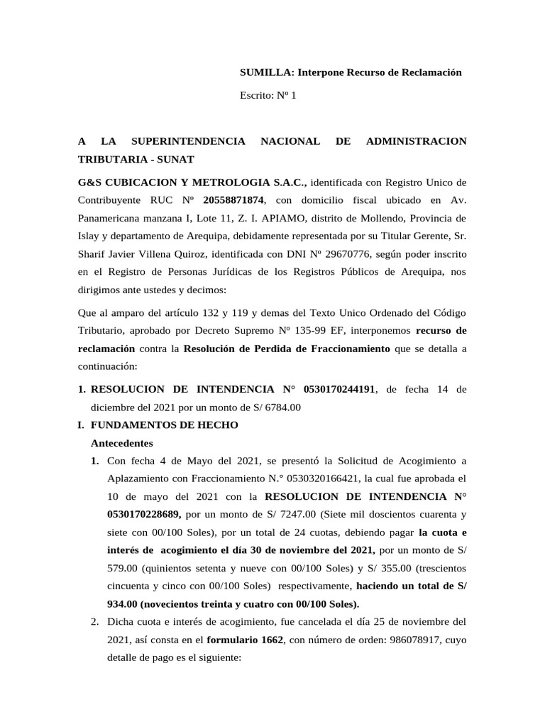 Recurso de Reclamacion Sunat | PDF