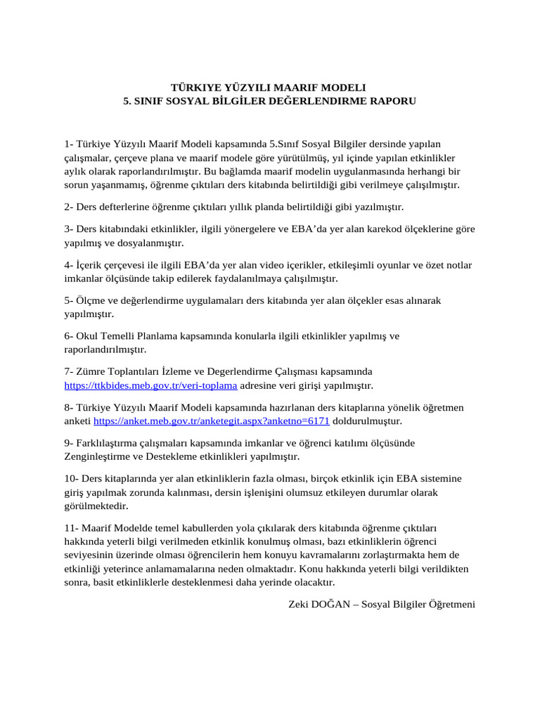 Turkiye Yuzyili Maarif Modeli Sene Sonu Degerlendirme Raporu | PDF