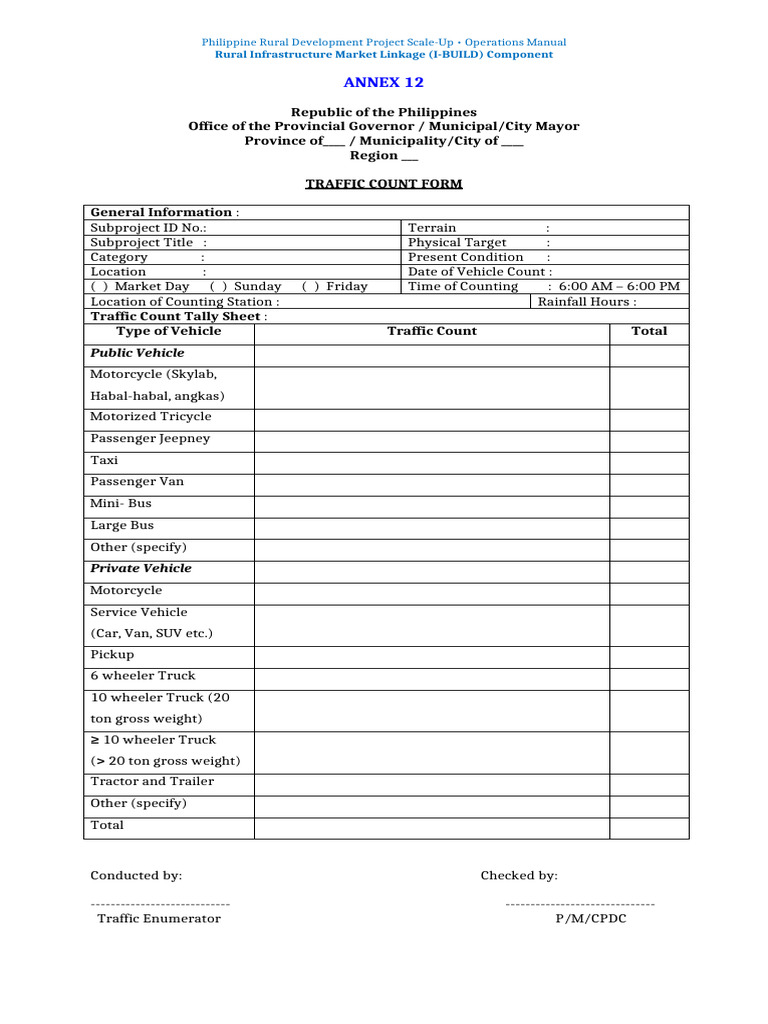 Traffic Count Form for PRDP Projects | PDF | Truck | Cargo