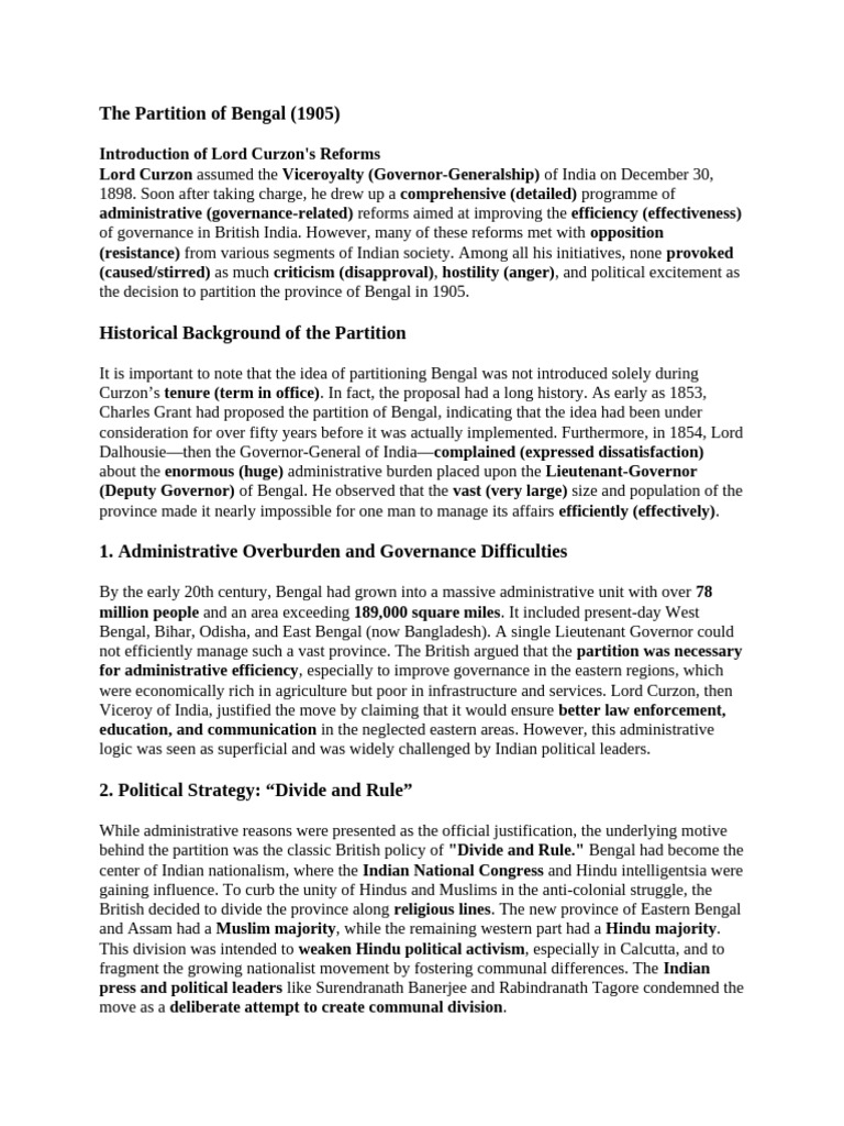 Impact of the 1905 Bengal Partition | PDF | British Raj | Partition Of ...