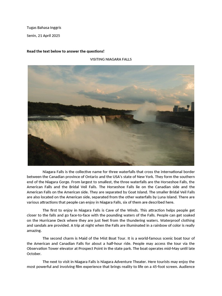 Tugas Bahasa Inggris Senin, 21 April 2025 (Visiting Niagara Falls) | PDF